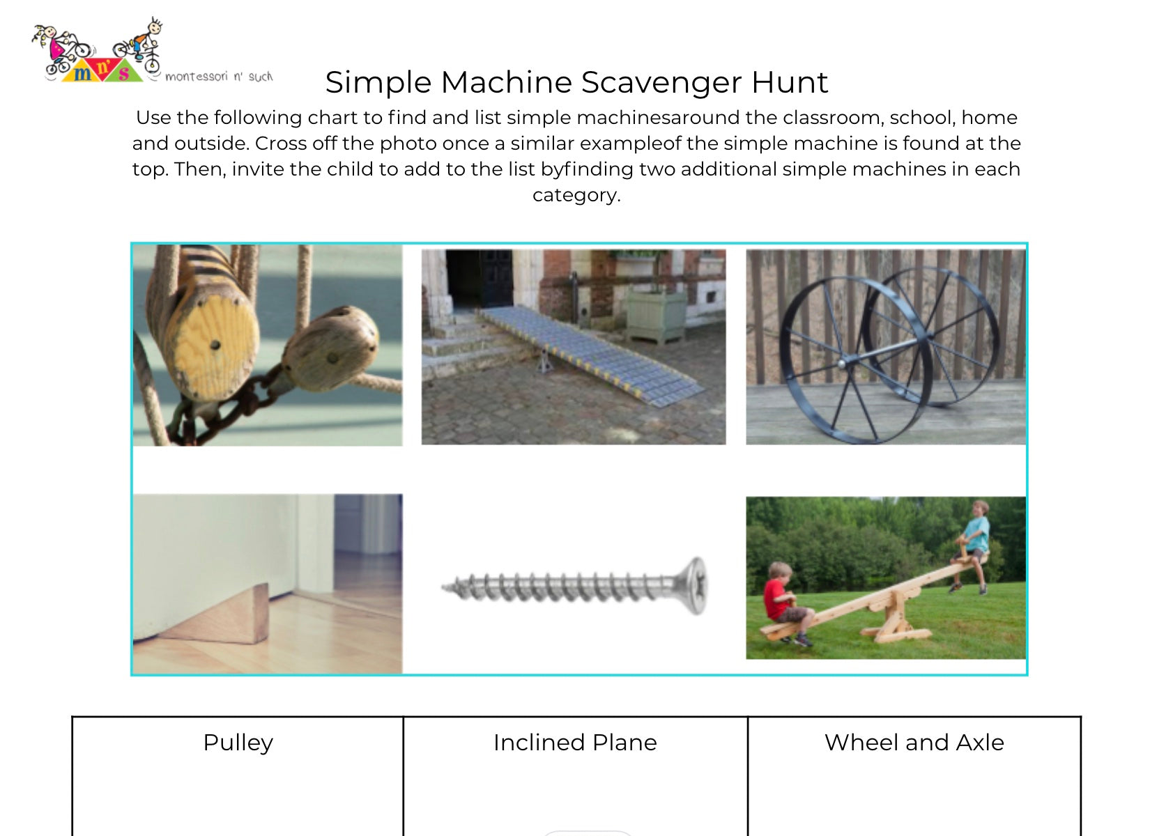 Simple Machine Scavenger Hunt | Montessori-n-Such